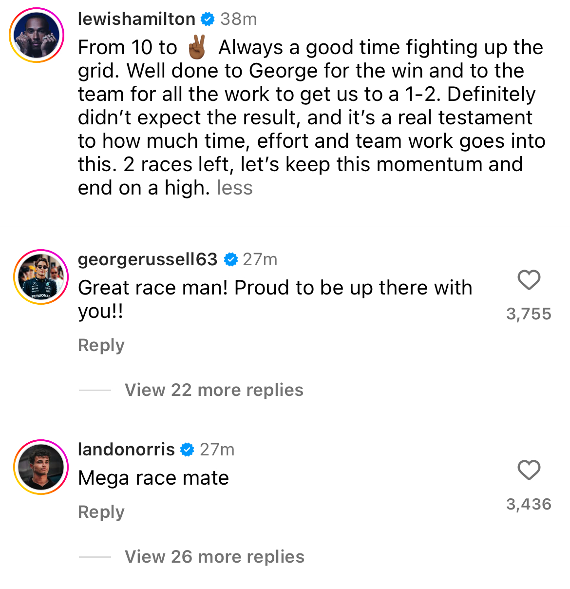 Lando Norris reacts with three-word message to Lewis Hamilton’s ‘mega ...